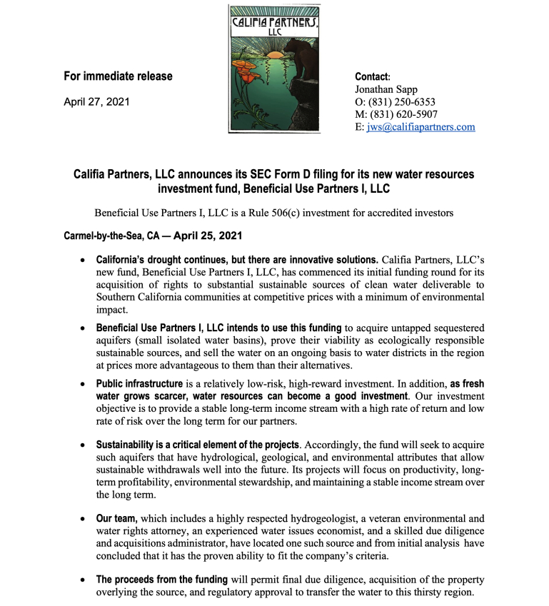 Califia Partners, LLC Announces Its SEC Form D Filing for Its New Water ...